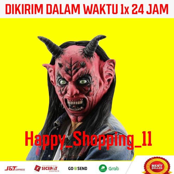 Jual TOPENG SETAN MERAH RED DEVIL DENGAN WIG LATEX HALLOWEEN MASK ...