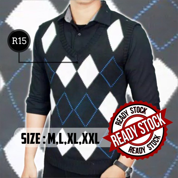 Jual Rompi Rajut Motif Kotak Hitam Putih Biru - R15 | Rompi Modis Vest ...