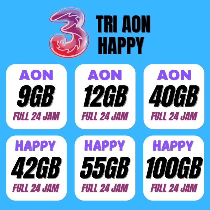 Jual Paket Kuota Data Internet Tri 3 AON Happy Unlimited Murah | Shopee Indonesia