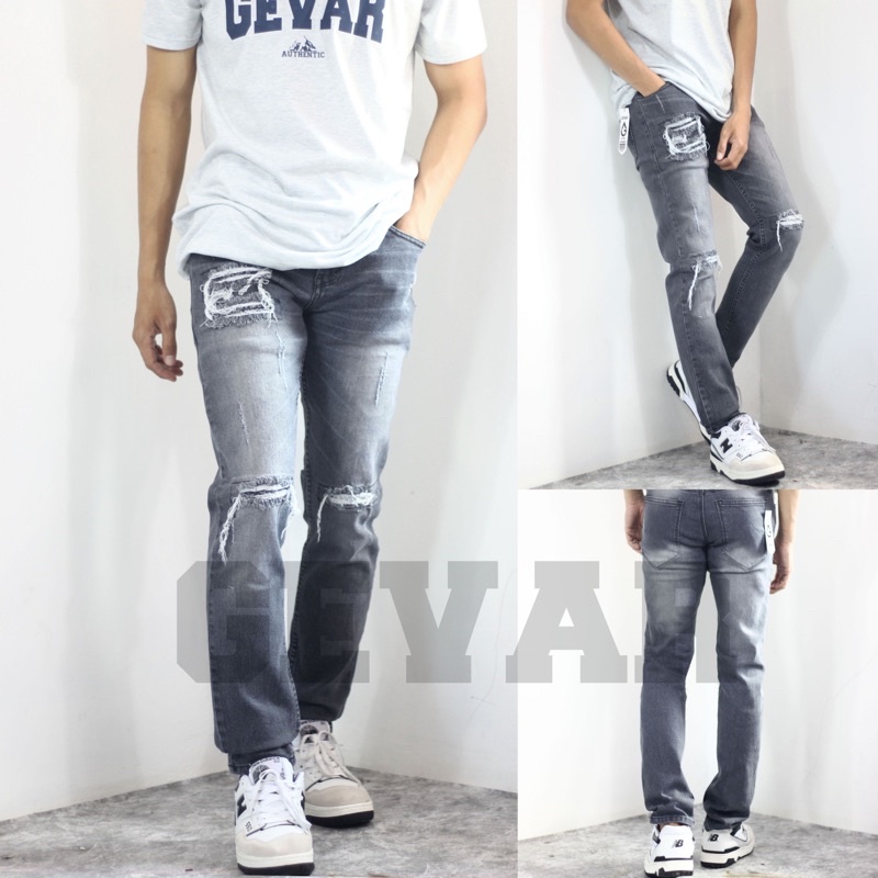 Jual GEVAR Celana Jeans Sobek Scrub Ripped Sobek Premium | Shopee Indonesia