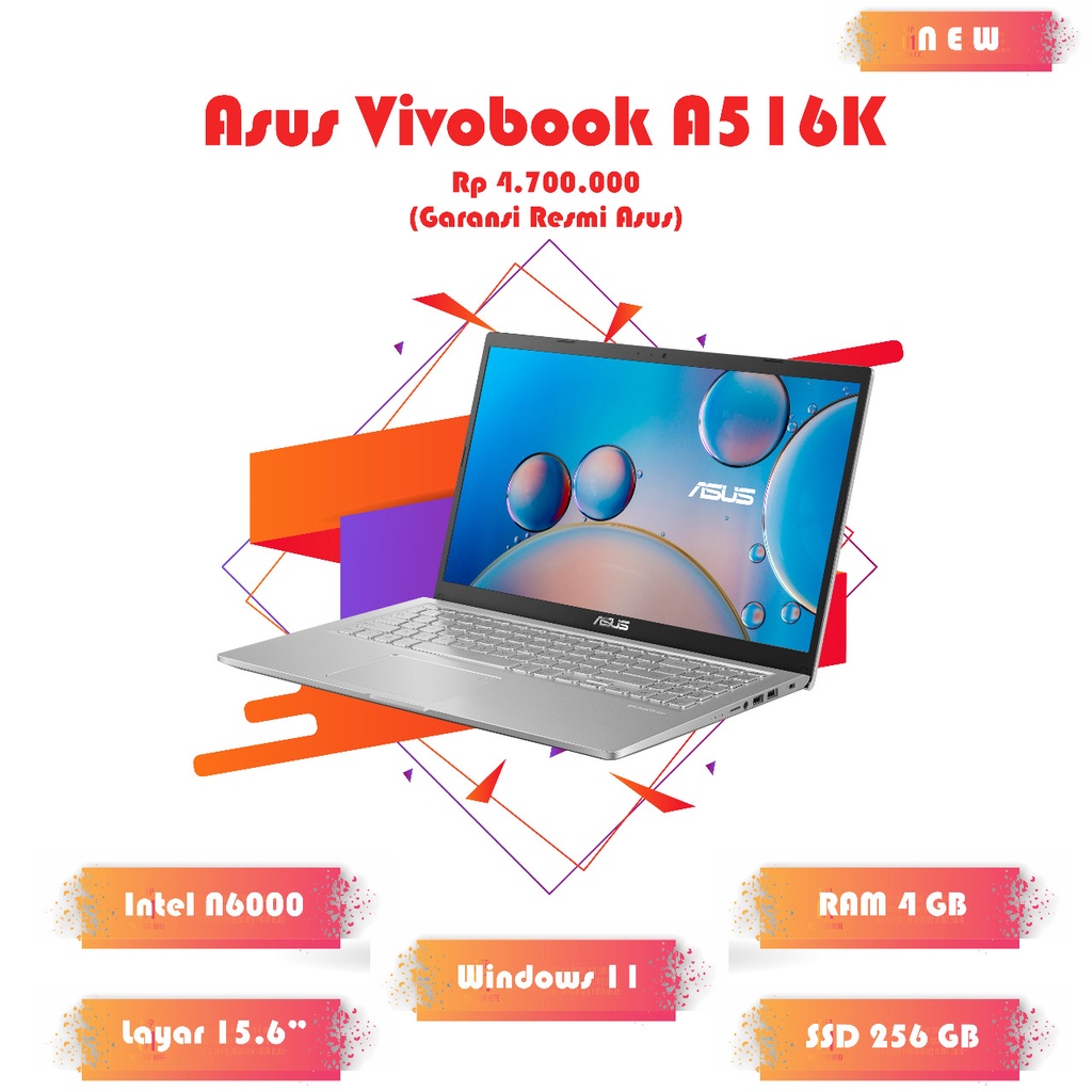 Jual Asus Vivobook A516K Intel N6000 RAM 4GB SSD 256GB Windows 11 + OHS ...
