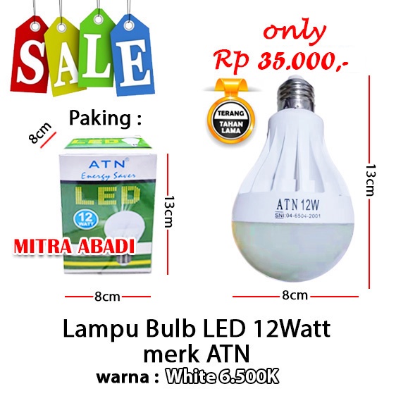 Jual Lampu Bohlam/Bulb LED 12 Watt ATN White Putih | Shopee Indonesia