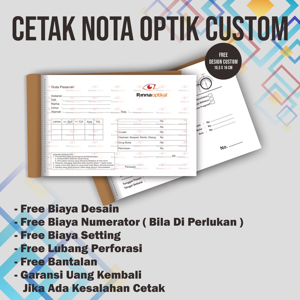 Jual CETAK NOTA OPTIK CUSTOM, 1 PLAY. 2 PLAY ,KWITANSI DLL 10,5 X 16 CM ...