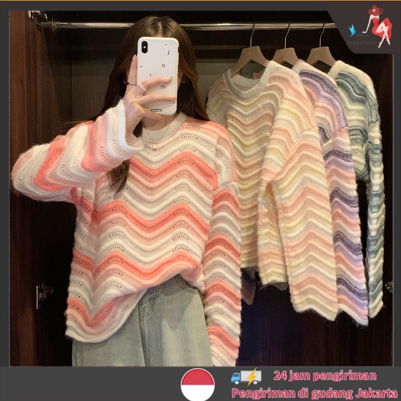 Jual Karley - Sweater Rajut Overtsize Style Knit Stripe Wanita Atasan Rajut Lengan Panjang ...