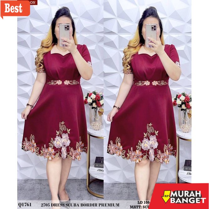 Jual model dress terbaru 2022 Dress pesta midi dress scuba bordir mewah dress bangkok baju natal ...