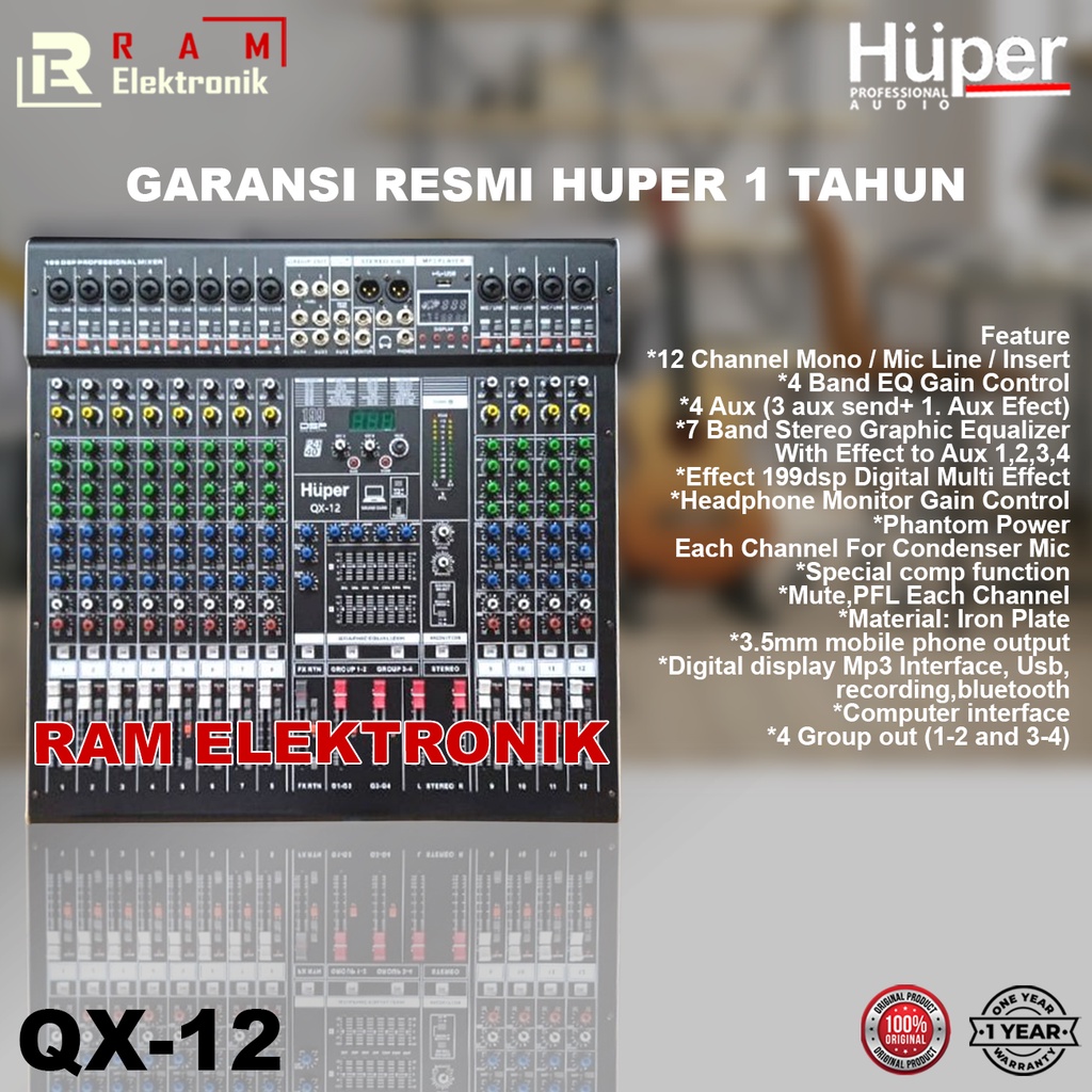 Jual Mixer 12 Channel HUPER QX12 | QX 12 USB Bluetooth Original Efek 199 DSP | Shopee Indonesia