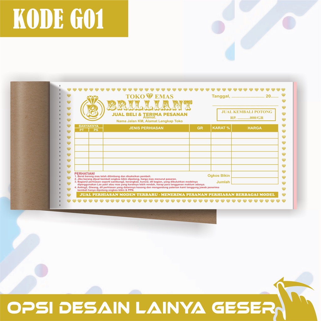 Jual NOTA/KWITANSI TOKO EMAS CUSTOM, UKURAN 21X11CM, SURAT JALAN DLL ...