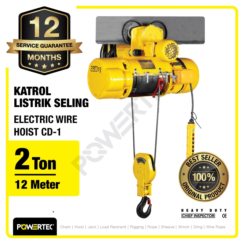 Jual POWERTEC Electric Wire Rope Hoist 2 Ton x 12 Meter 3 Phase CD-1 ...