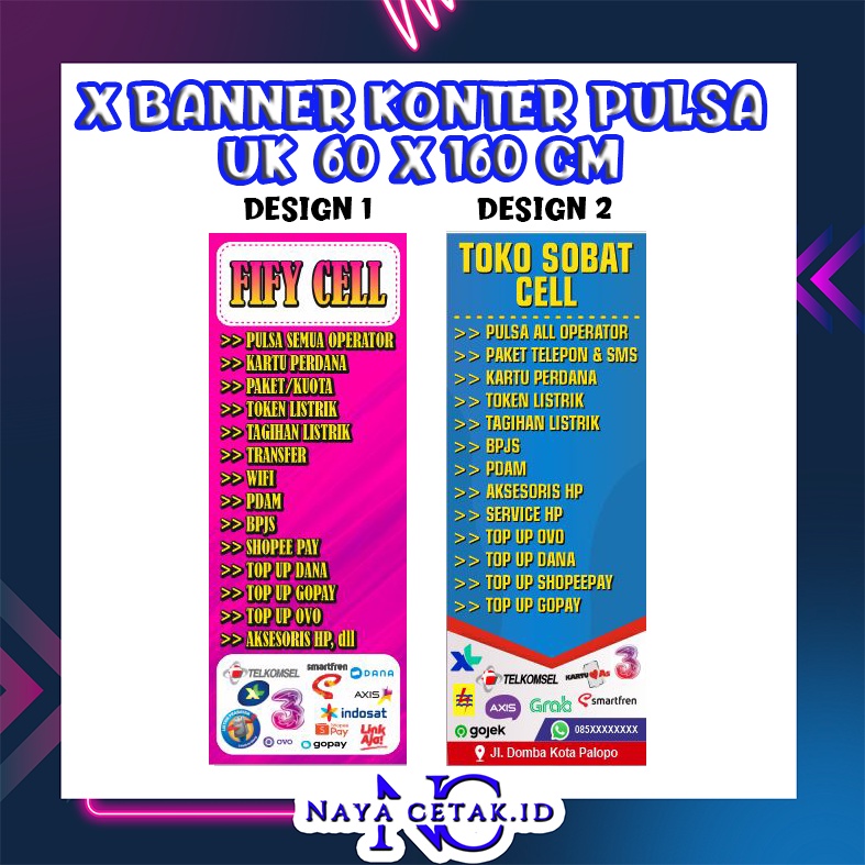 Jual x banner konter pulsa uk. 60 x 160 cm free design, 1 hari jadi plus tiang fiber premium ...