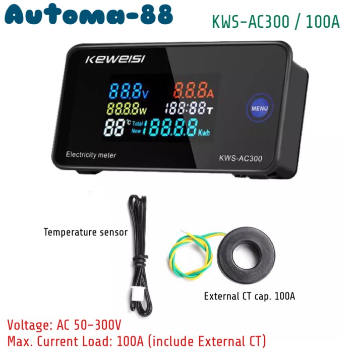 Jual KWS AC300 10A/100A 6 in 1 Digital Watt Volt Ampere KWH Meter berwarna - 100A | Shopee Indonesia