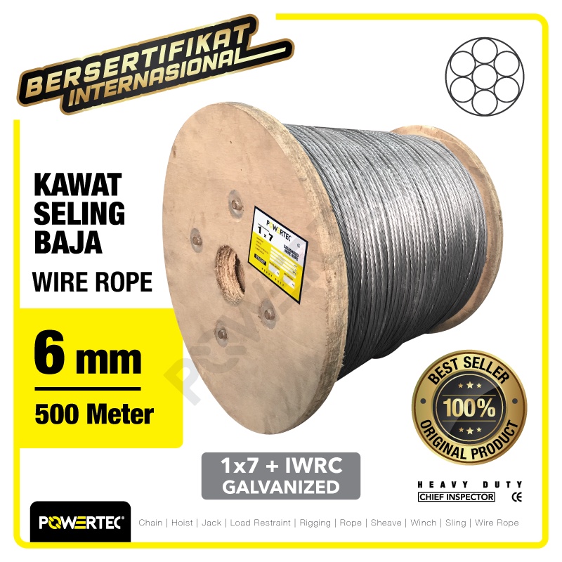Jual POWERTEC Wire Rope / Kawat Seling Baja 1x7 6mm Galv - 500m | Shopee Indonesia