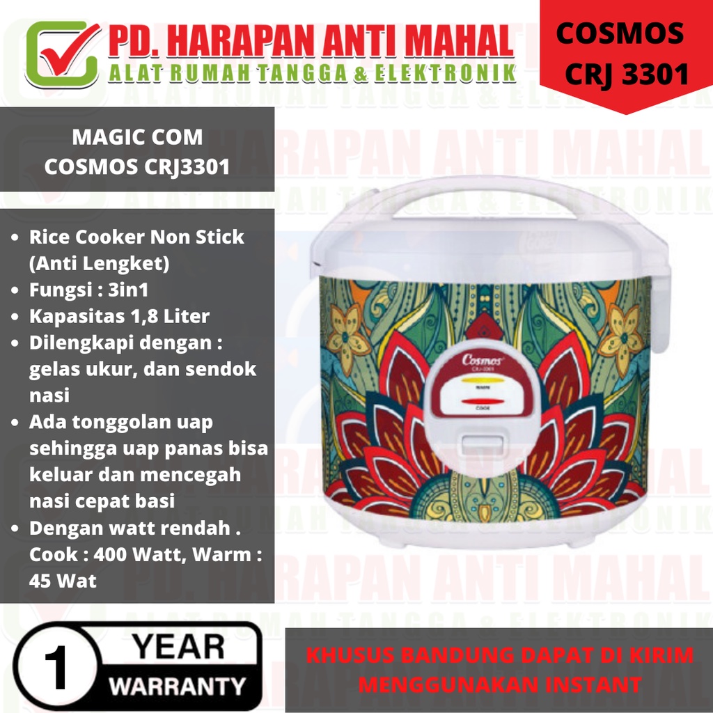 Jual MAGIC COM COSMOS CRJ 3301 KAPASITAS 1,8 LITER/ Rice Cooker 1.8 Liter 3in1 Magic Com Cosmos ...