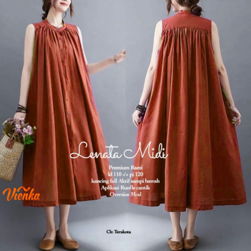 Jual Lenata midi dress kutung tanpa lengan katun linen ld 110 xl | Shopee Indonesia