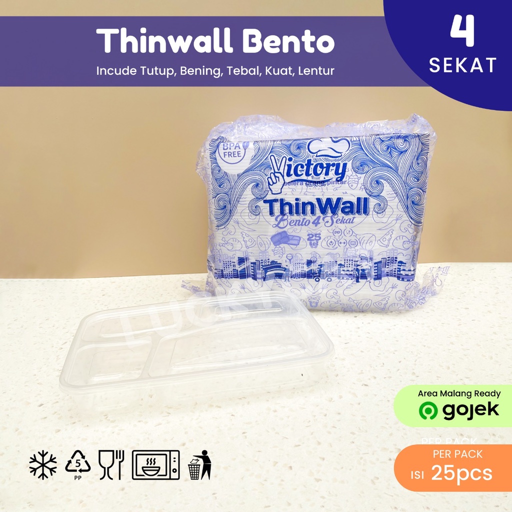 Jual [PACK] Thinwal Bento Victory Sekat 4 Flat / Kotak Makan Bento ...