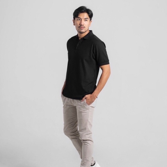 Jual Aljosa Polo Shirt Pria Hitam Polos Kaos Berkerah Cowok Baju