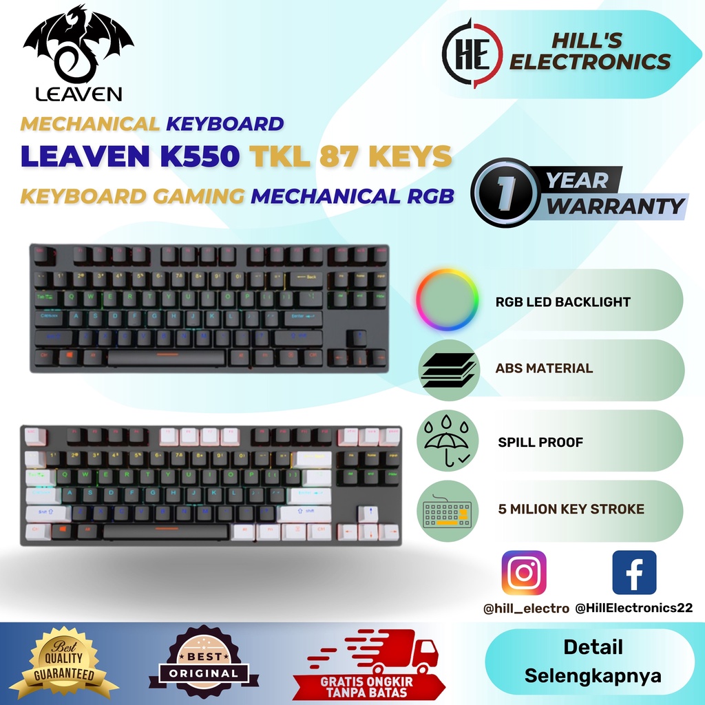 Jual Leaven RGB K550 TKL 87 Keys Outemu Switch Gaming keyboard Mechanical-Hitam Blue Switch ...