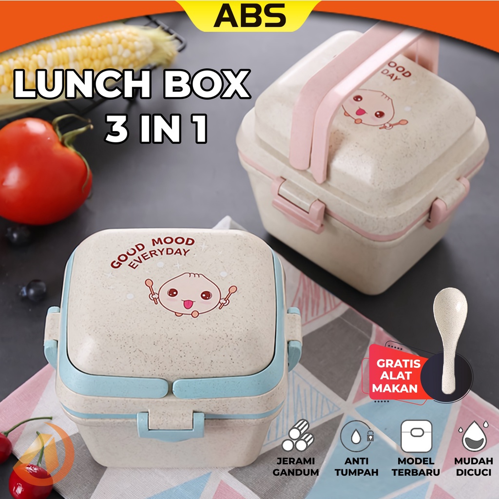 Jual ABS Lunch Box Set Kotak Makan 3in1 Anti Tumpah Free Sendok Bahan PP Jerami Gandum / Tempat ...
