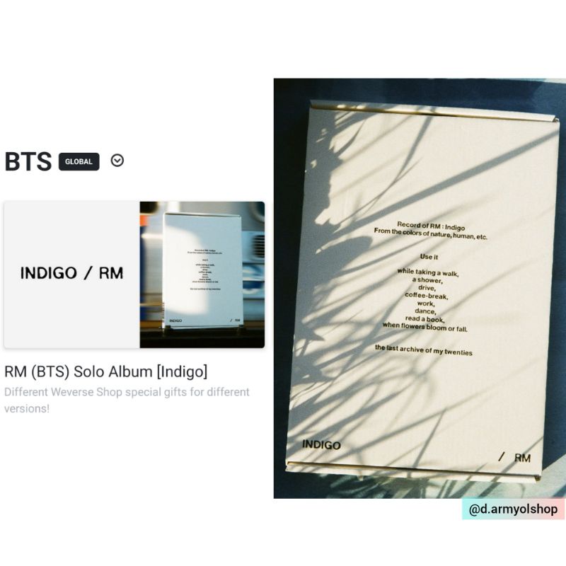 Jual OFFICIAL BTS KIM NAMJOON RM INDIGO SOLO ALBUM | Shopee Indonesia