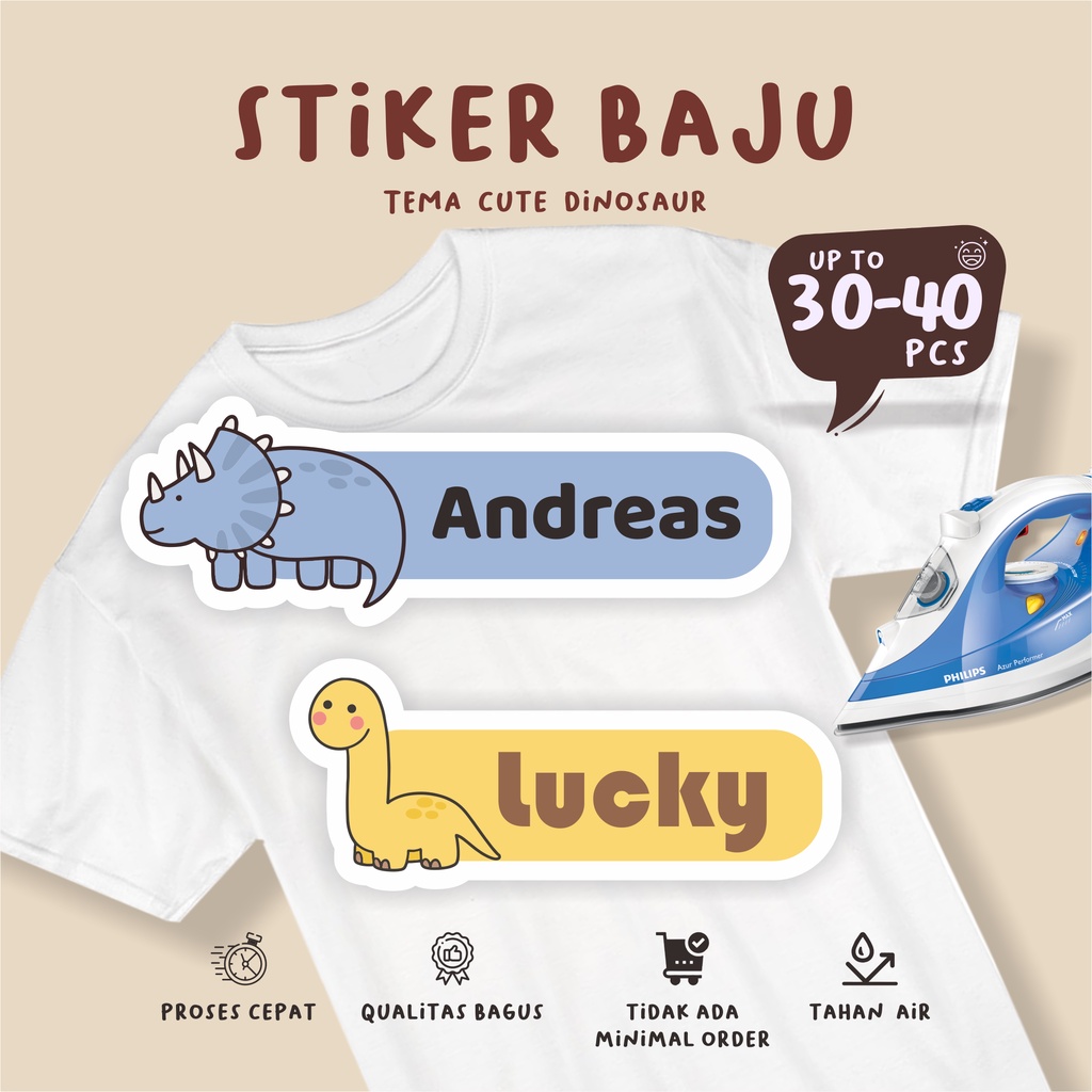 Jual (30-40pcs)custom cetak Stiker Kain Dtf Nama Anak tema DINOSAURUS ...