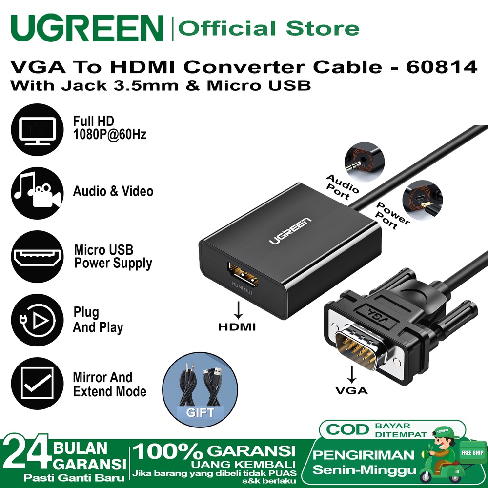 Jual UGREEN Converter VGA To HDMI Dan HDMI To VGA Full HD 1080p With ...
