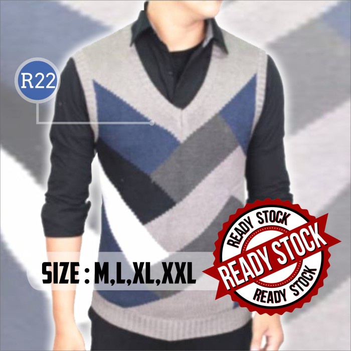 Jual Rompi Rajut Motif Kotak Abu Hitam Biru - R22 | Rompi Modis Vest ...