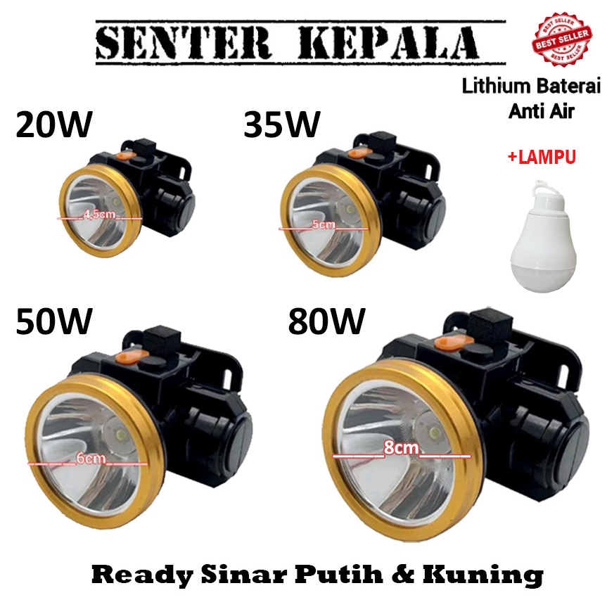 Jual Senter kepala 20w 35w 50w 80w 120w Putih / Kuning body kecil super ...