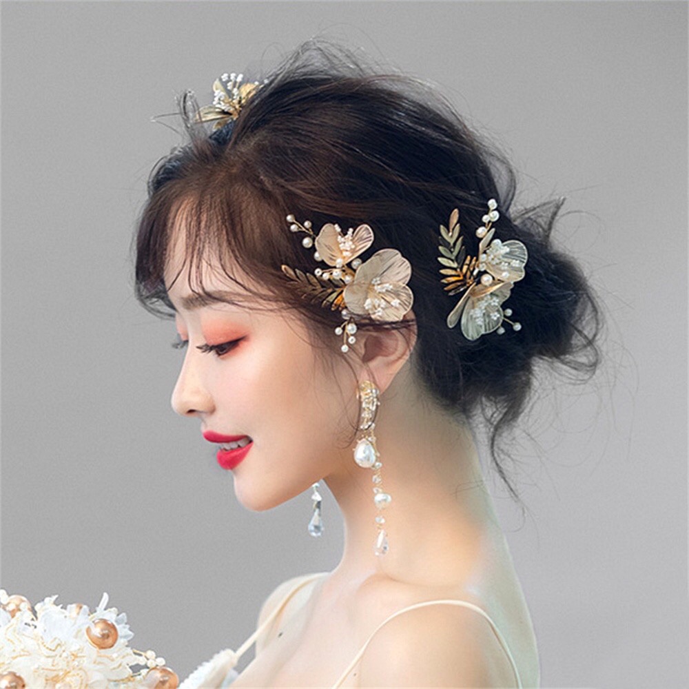 Jual Hiasan Rambut Aksesoris Model Jepit Bentuk Daun Emas Mutiara ...