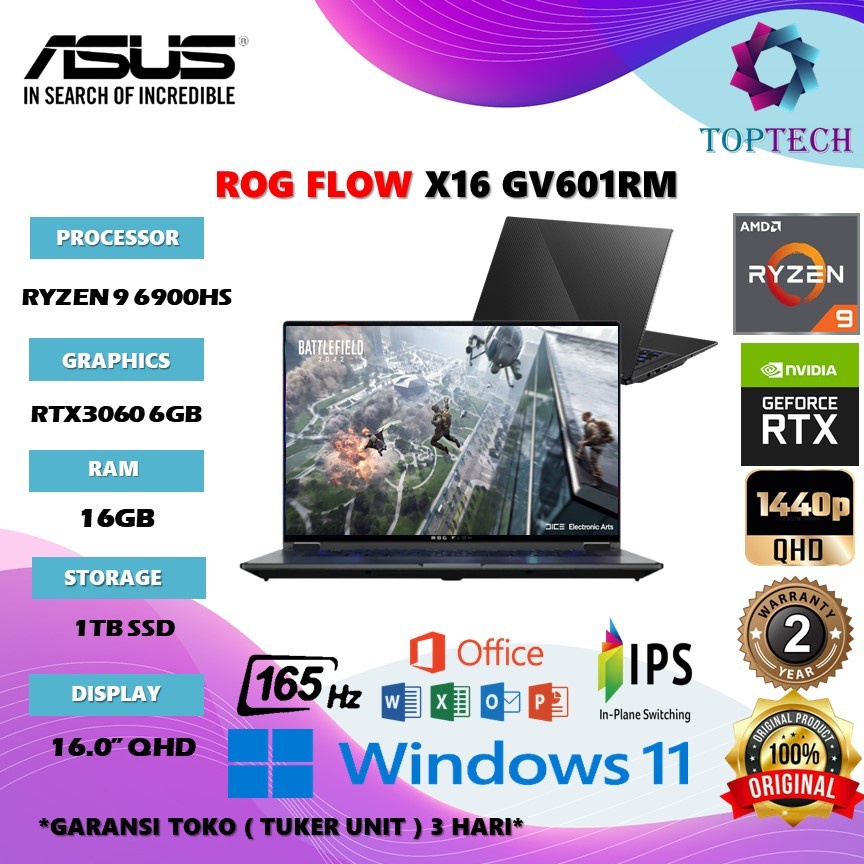 Jual Laptop Gaming Asus Rog Flow X16 GV601RM R936G6TO RYZEN 9 6900HS ...