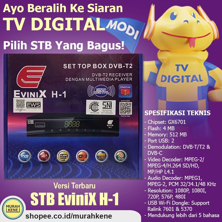 Jual Set Top Box Evinix H-1 / STB DVB T2 Evinix H-1 / USB WIFI Dongle Mediatek MT7601 / Kabel ...