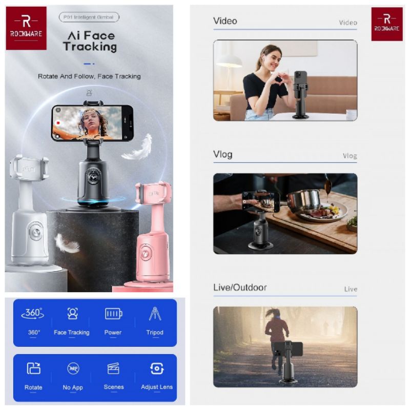 Jual ROCKWARE P01 Auto Face Tracking Gimbal Selfie Stick Tripod HP Sensor Wajah | Shopee Indonesia