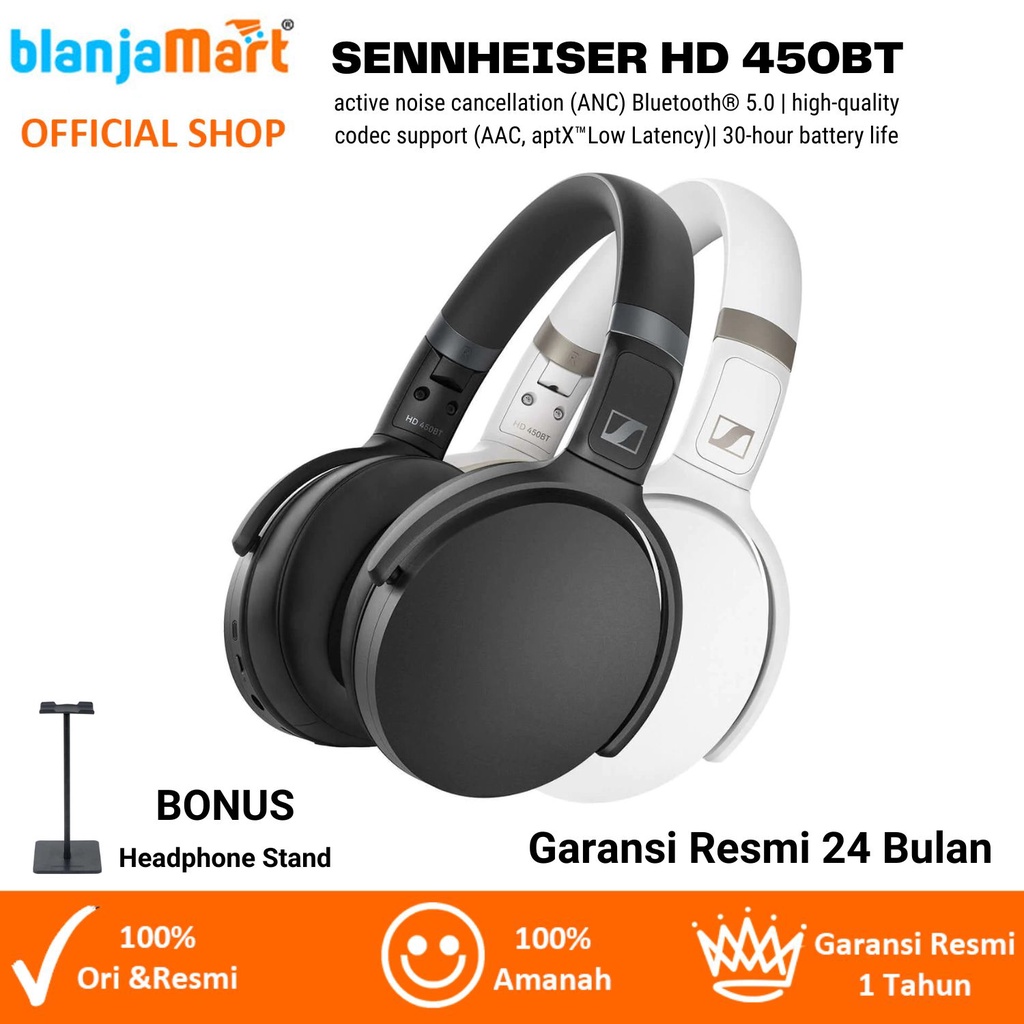 Jual Sennheiser HD 450BT / HD 450 BT Bluetooth 5.0 Headphone APTX AAC ANC | Shopee Indonesia