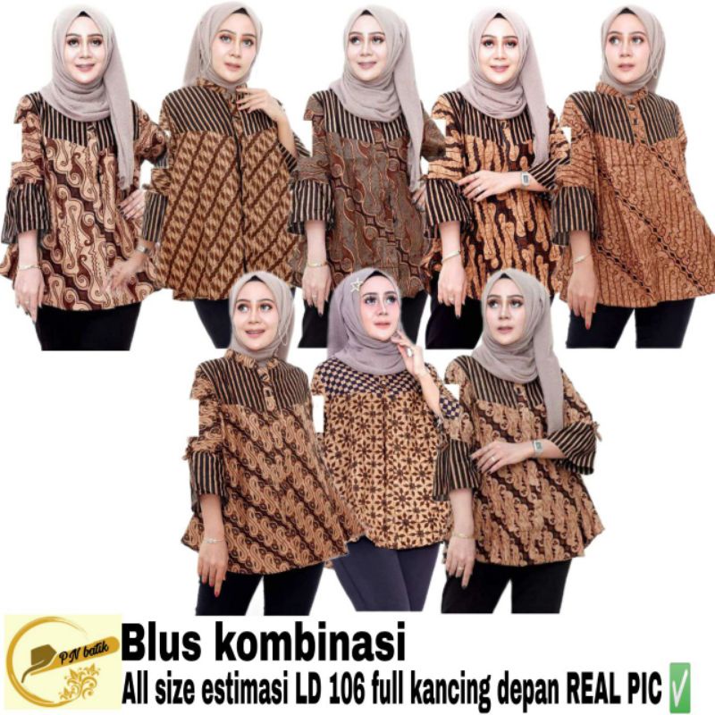 Jual Blus Kombinasi Blus Batik Sogan Blus Coklat Seragam Kerja Wanita Batik | Shopee Indonesia
