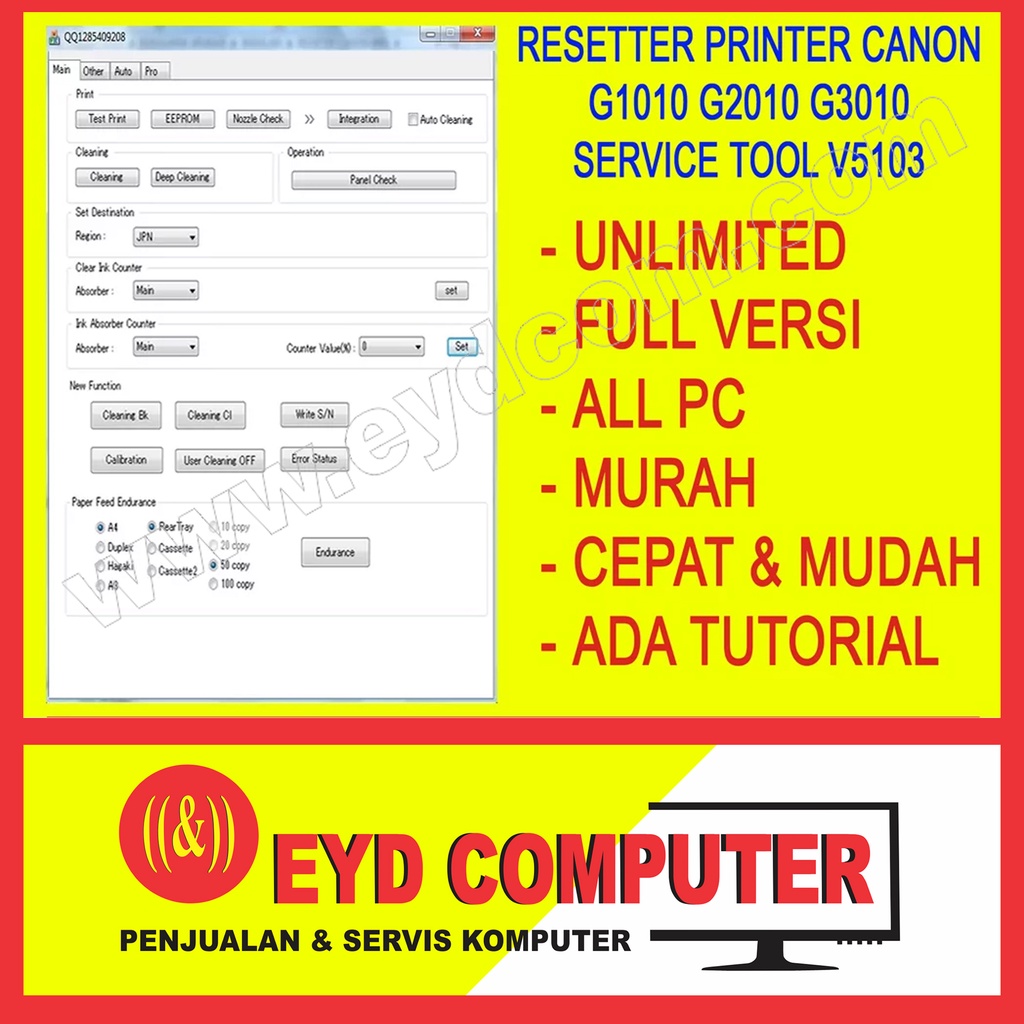Jual RESSETER CANON G1010 G2010 G3010 V5103 ALL PC UNLIMITED BANYAK PC FULL VERSI RESETTER RESET ...