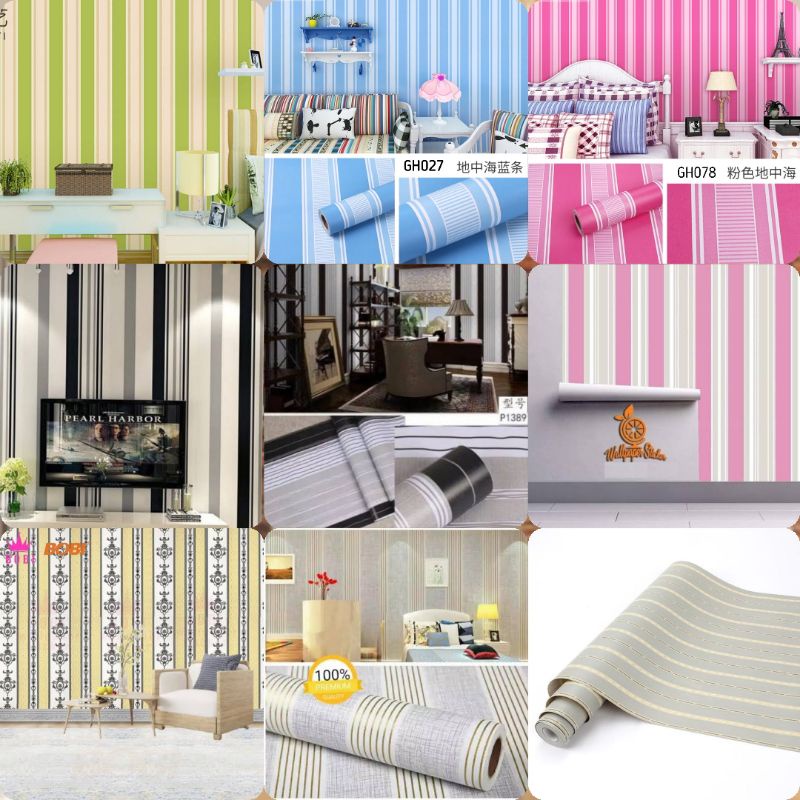 Jual COD Wallpaper Dinding Stiker Salur Garis Stripe Pink Biru Hijau Hitam Putih Rainbow HIGH ...