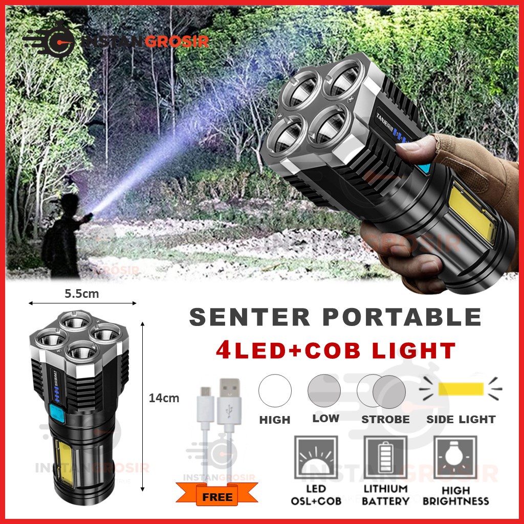 Jual Senter 4 LED COB super terang Light 4mode rechargeable senter ...