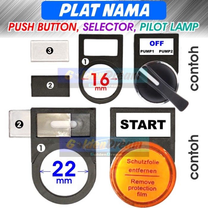 Jual Plat Nama Push Button Selector Pilot Lamp Panel Legend Plate Name ...