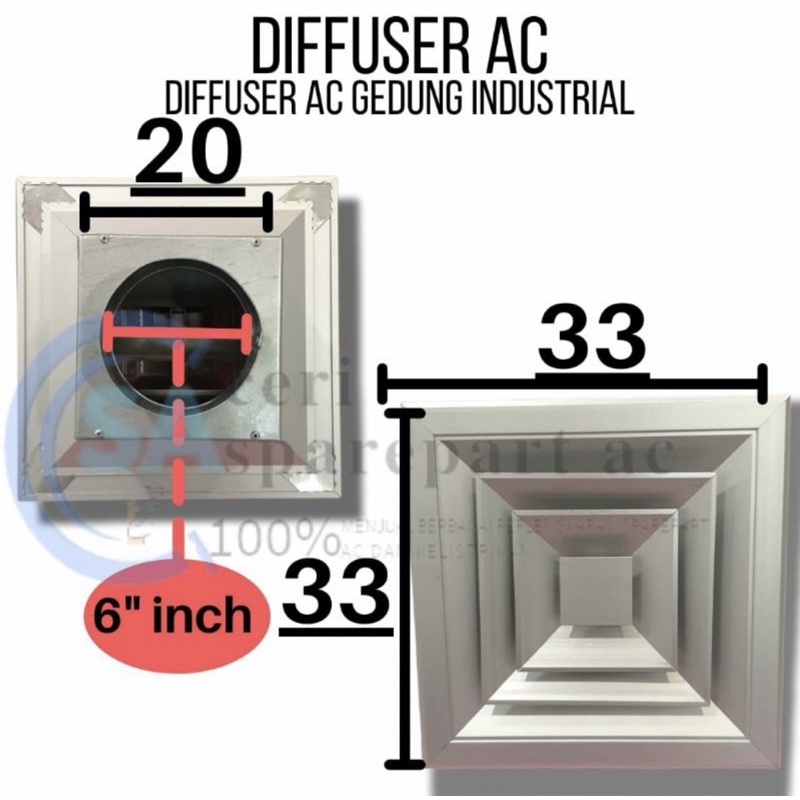 Jual Difuser grill ducting ac 33x33cm ukuran luar + cerobong 6inch ...