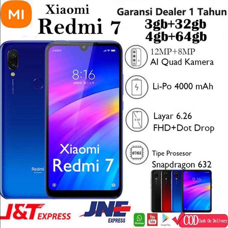 Jual Xiaomi Redmi 7 Android handphone 3/32GB 4/64GB Layar Penuh 6.26 ...