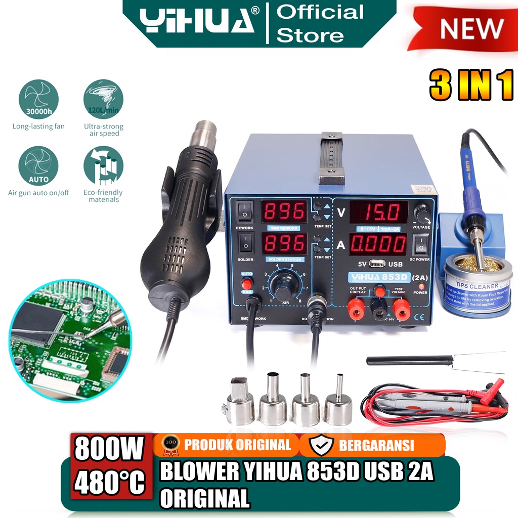 Jual Yihua 853D Blower Solder Uap Hot Air Gun 3 IN 1 Power Supply USB ...