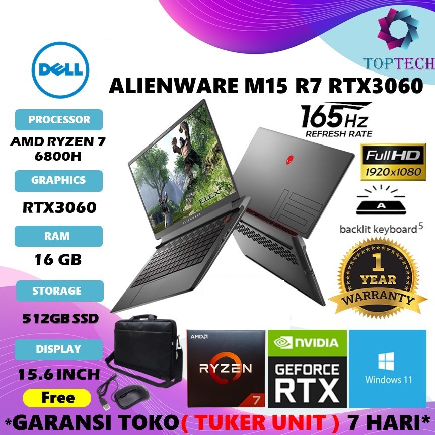 Jual LAPTOP GAMING DELL ALIENWARE M15 R7 FHD RTX3060 6GB RYZEN 7 6800 ...