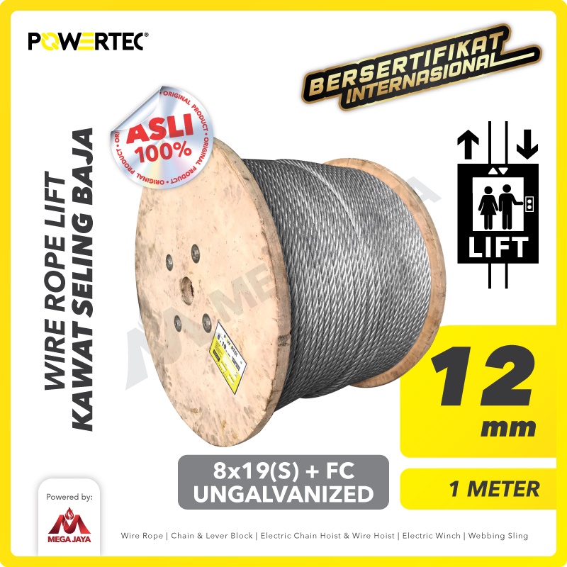 Jual POWERTEC Wire Rope / Kawat Seling LIFT 8x19(S) FC 12mm Ungalv - 1 Mtr | Shopee Indonesia