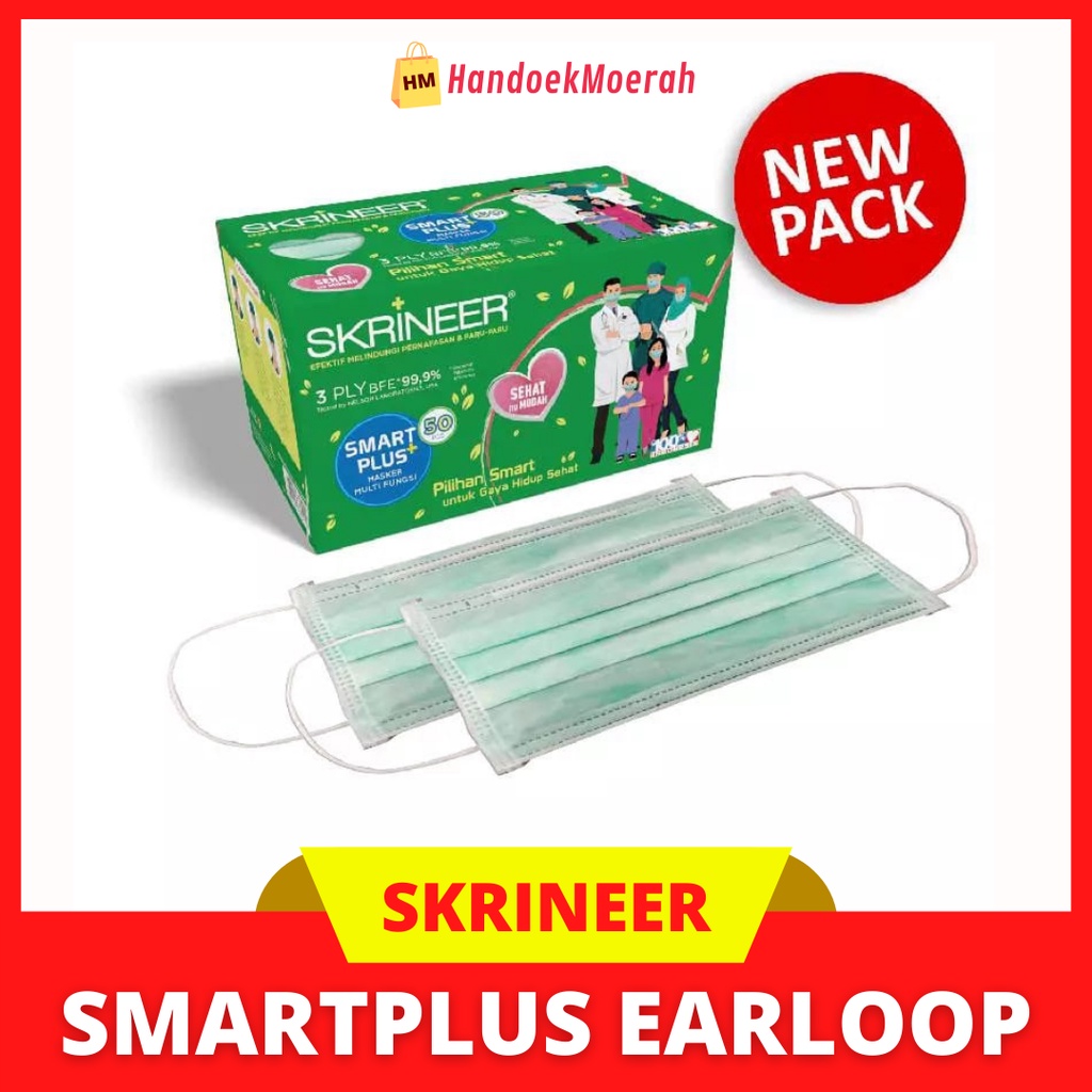 Jual (Isi 50 pcs - 3 ply) Masker Skrineer Smart Plus Earloop Green ...