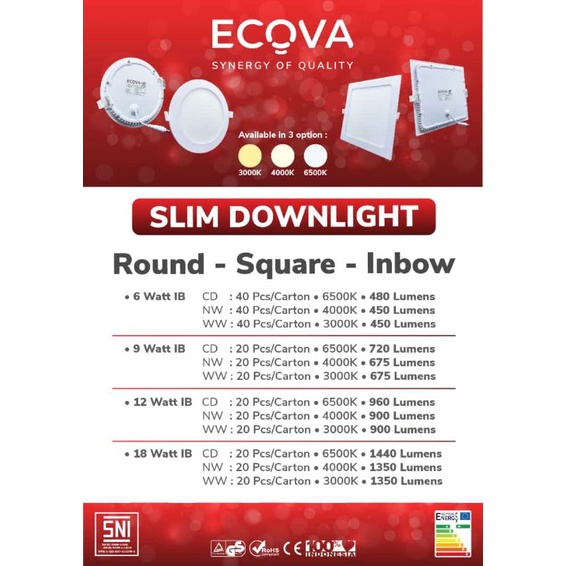 Jual Garansi 1 tahun ! ECOVA Lampu LED Slim Downlight BULAT / KOTAK ...