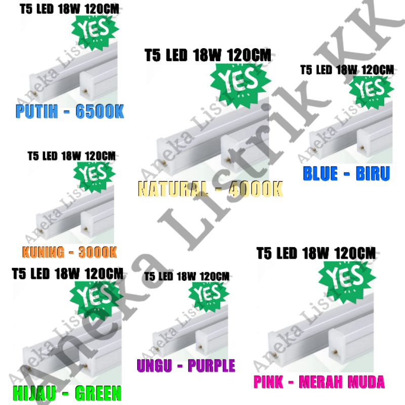 Jual LAMPU TL NEON T5 LED 18W 120CM PUTIH KUNING (WARMWHITE) MERAH HIJAU BIRU PINK (MERAH MUDA ...