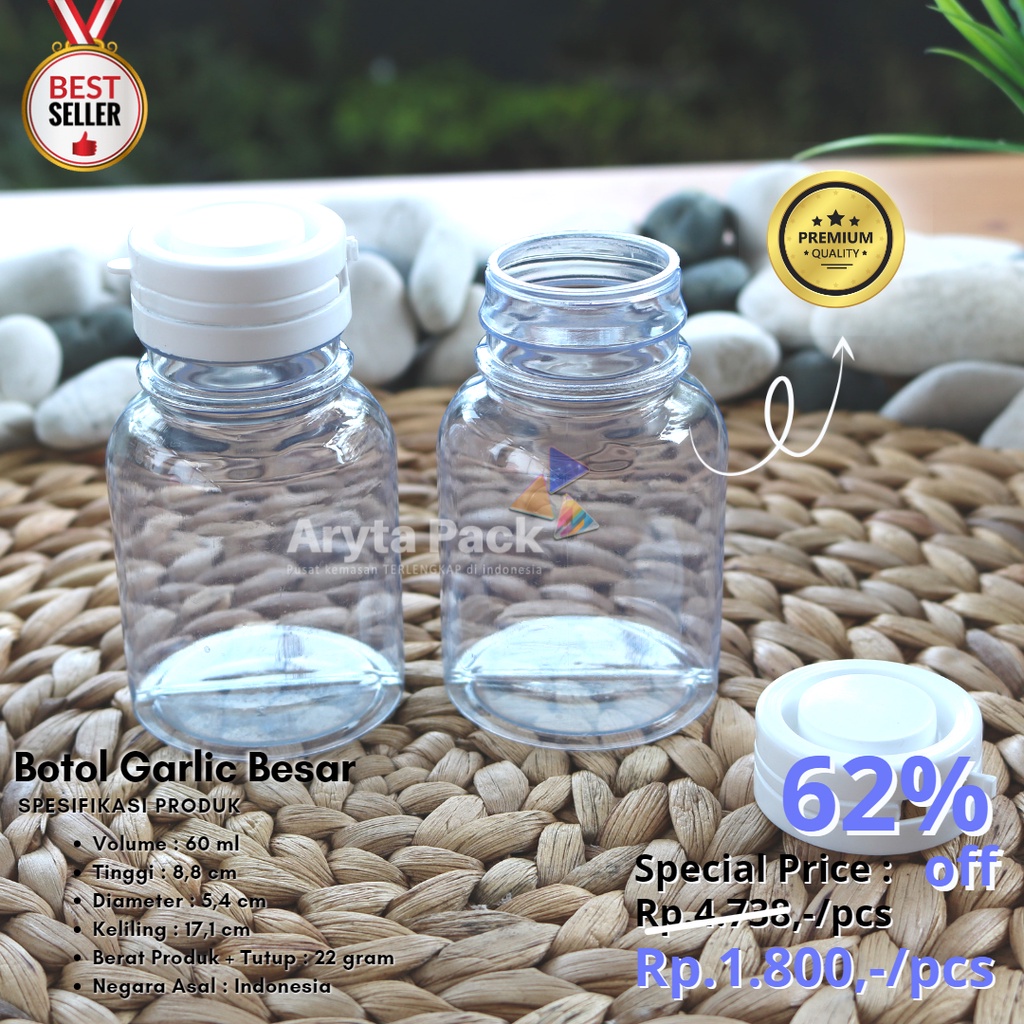 Jual Botol plastik PVC 60kapsul 60ml garlic garlik besar tutup dop ...