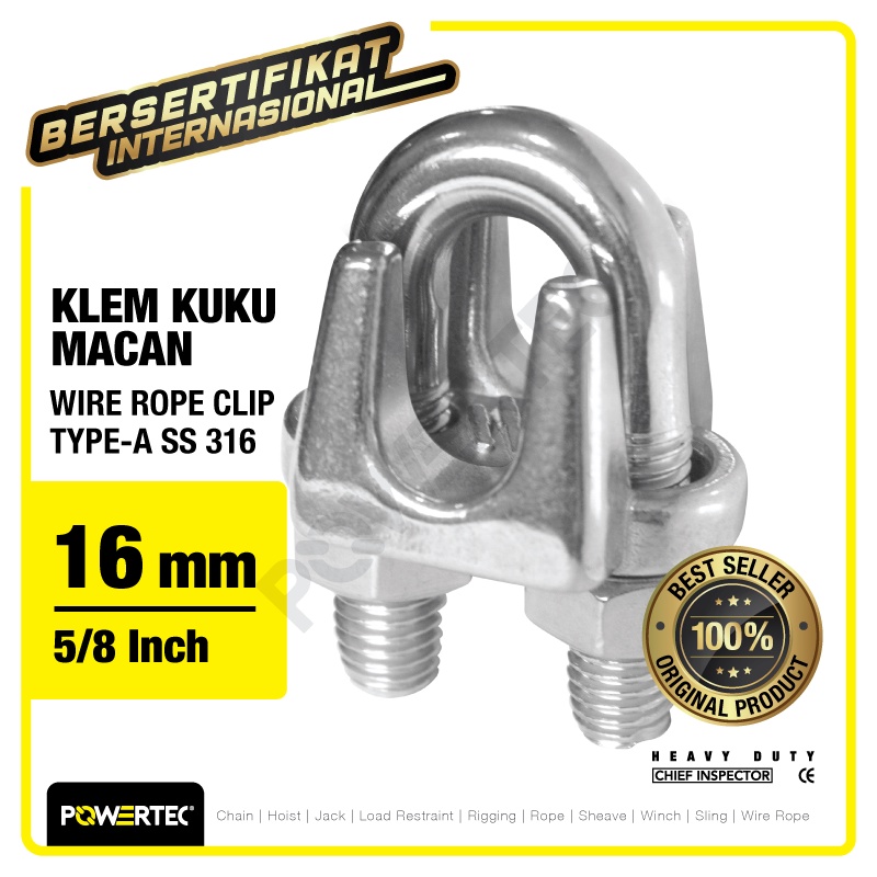 Jual POWERTEC Wire Rope Clip / Klem Seling Kuku Macan SS 316 16mm ...