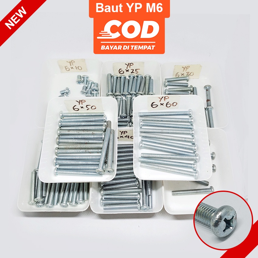 Jual Baut JP Baut Kepala Bulat M6 (20,25 Pcs) Sekrup Skrup Mesin Kepala ...