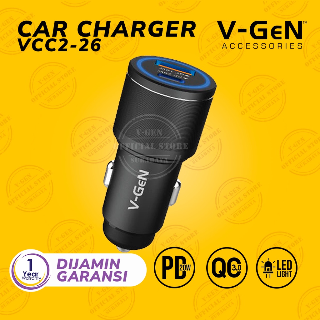 Jual Car Charger V-GeN VCC2-26 Dual Fast Charging QC 3.0 PD 20W USB ...