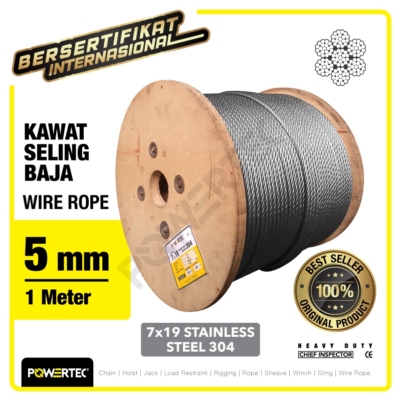Jual POWERTEC Wire Rope / Kawat Seling Baja 7x19 SS 304 5mm - 1 Meter | Shopee Indonesia