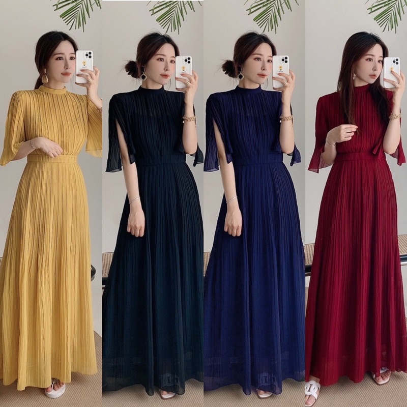 Jual D1070 AWARE KOREAN STYLE PLISKET PLEATED MAXI DRESS POLOS SIMPLE ...